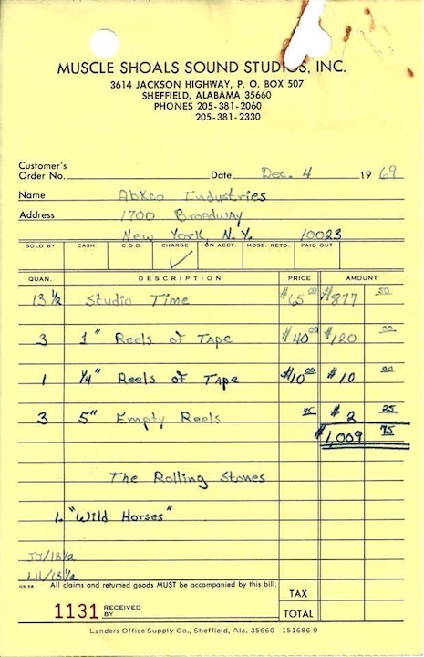 The Rolling Stones’ studio receipt for recording ‘Wild Horses’ and ...